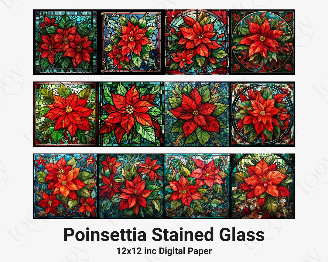 Printable Stained Glass Poinsettia Digital Paper, Christmas Holiday ...