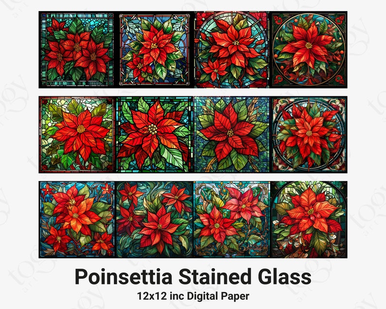 Printable Stained Glass Poinsettia Digital Paper, Christmas Holiday ...