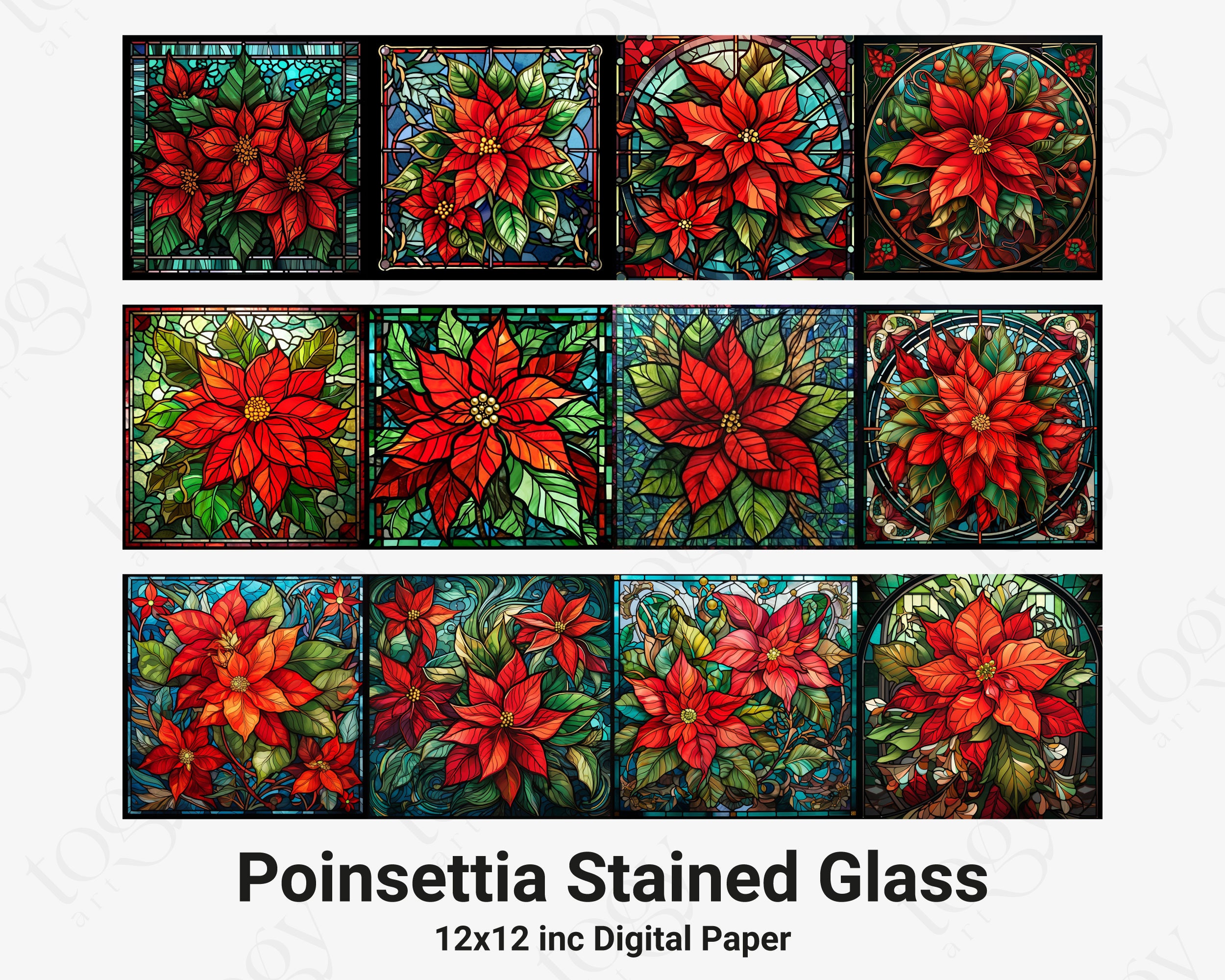 Printable Stained Glass Poinsettia Digital Paper, Christmas Holiday ...