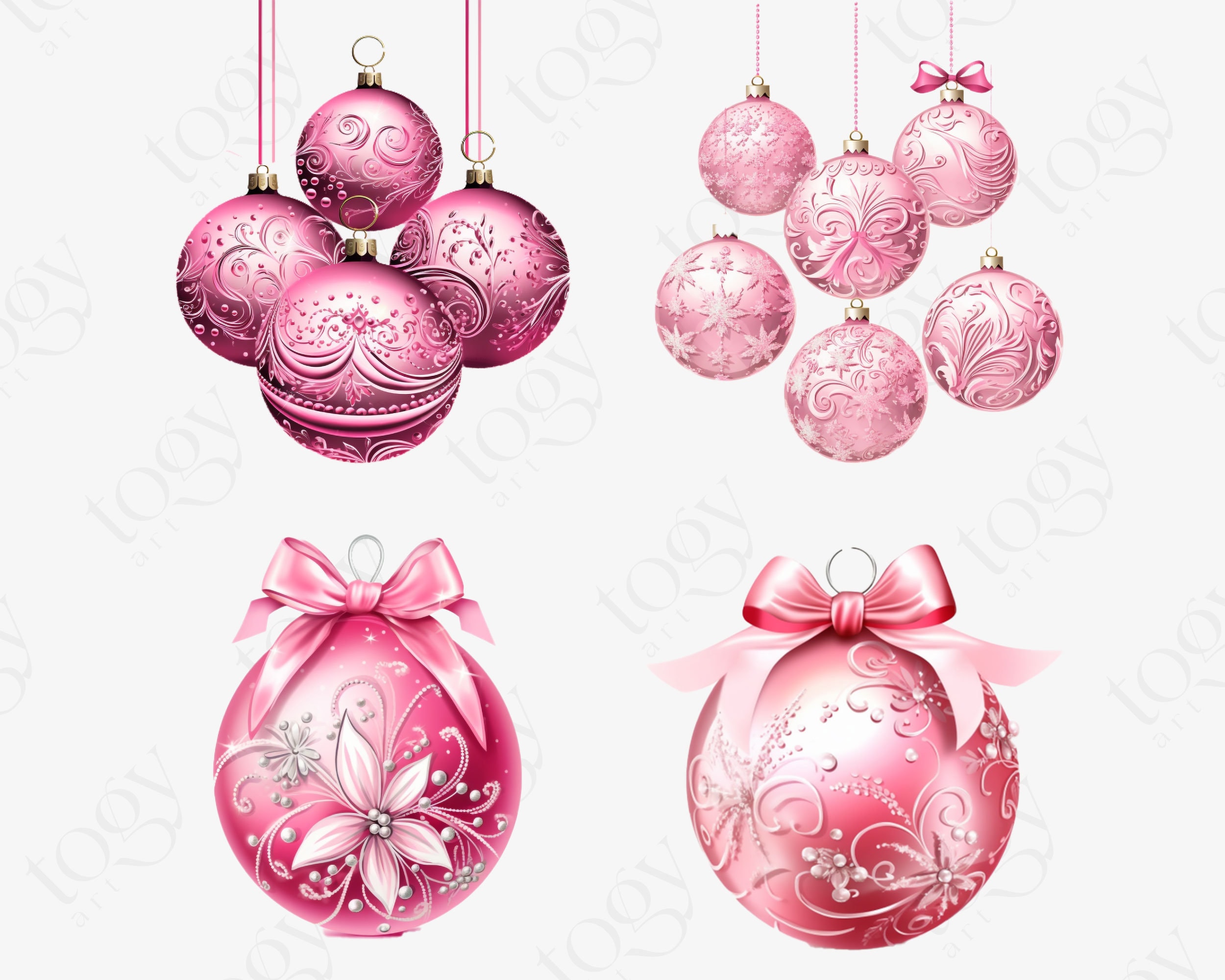 Pink Christmas Ornaments Clipart, Digital Glitter Christmas Ball ...
