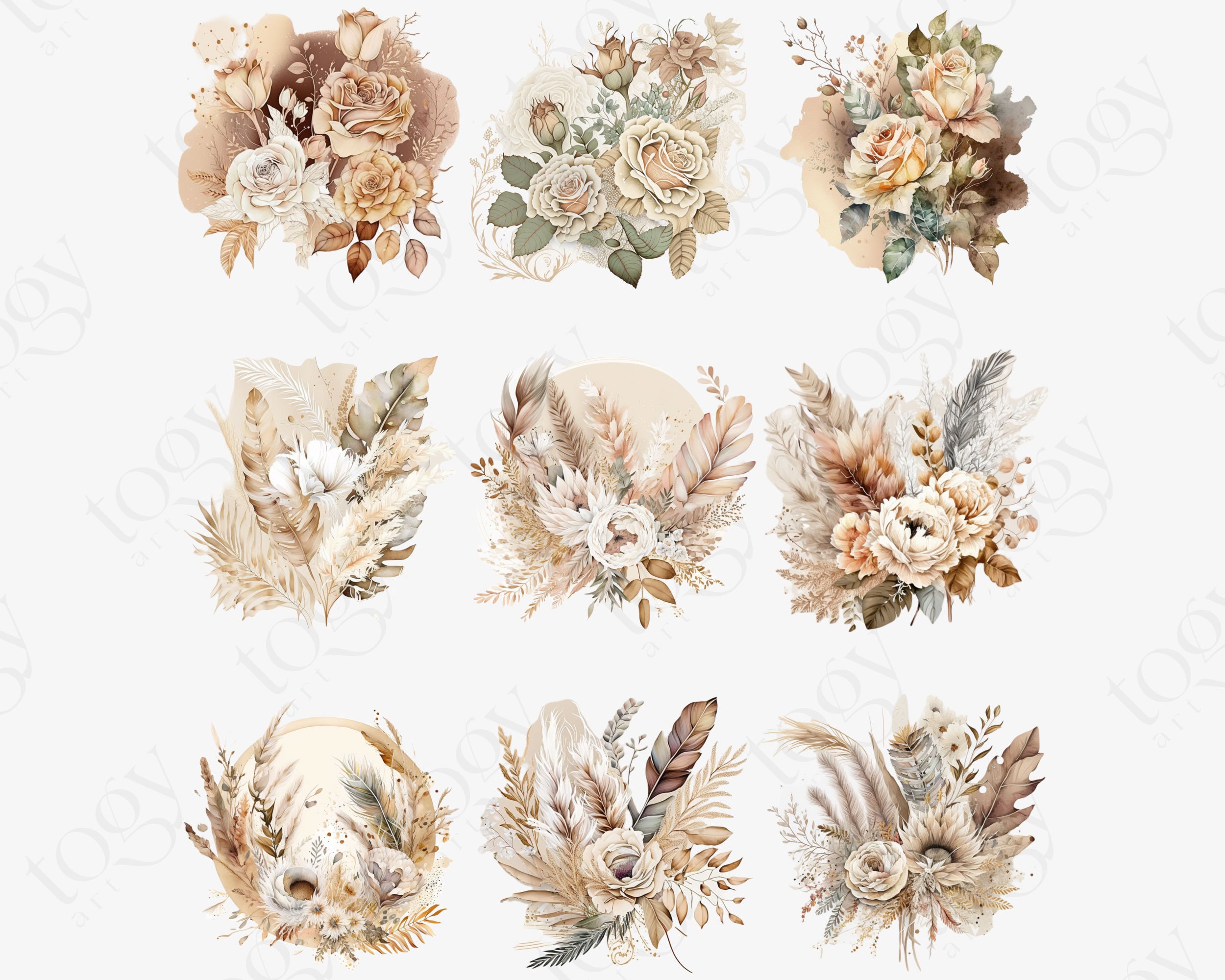 19 PNG Watercolor Elegant Boho Floral Clipart, Boho Flowers Clip Art ...