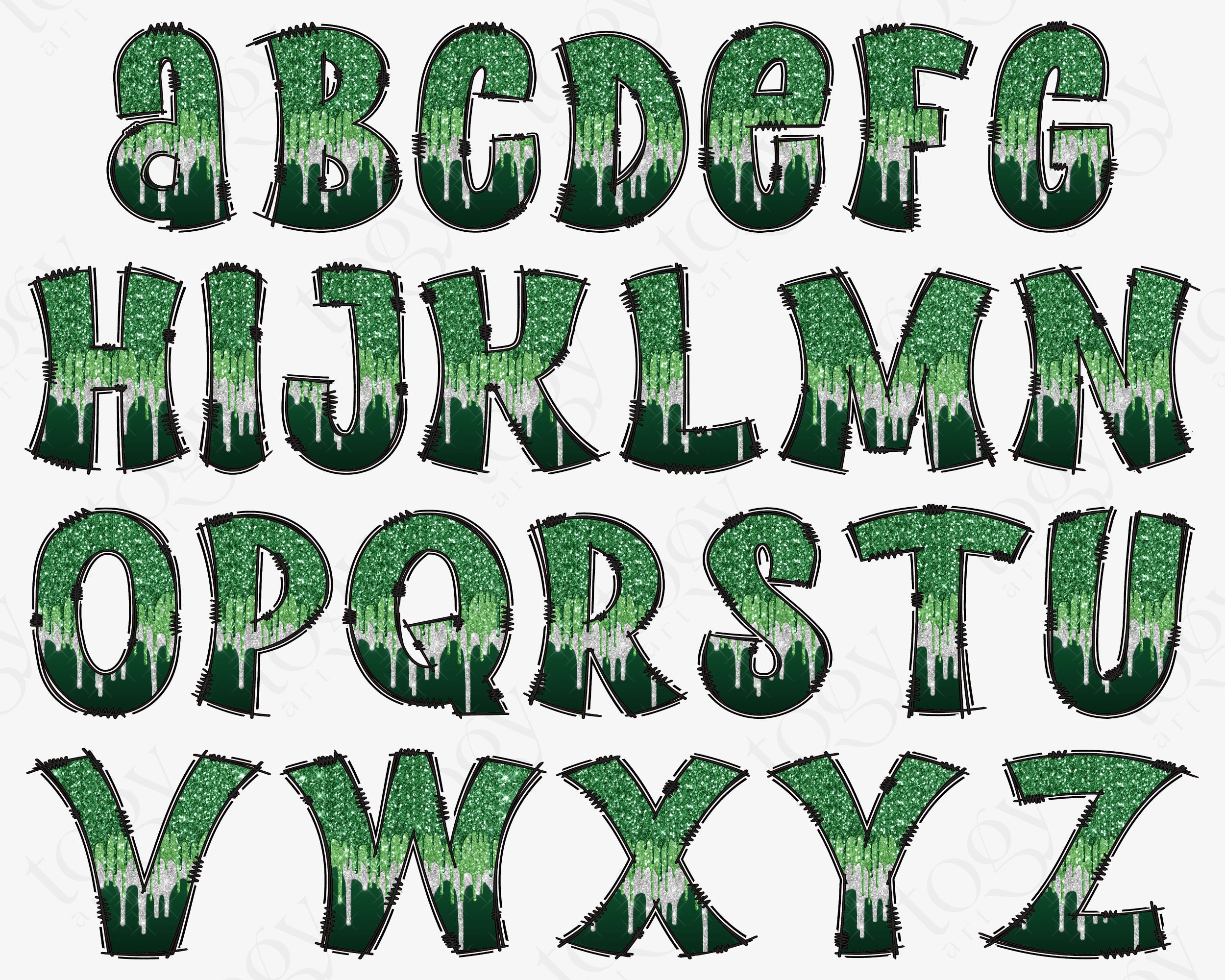Christmas Alphabet Clipart, Green Glitter Doodle Letters PNG, Glitter ...