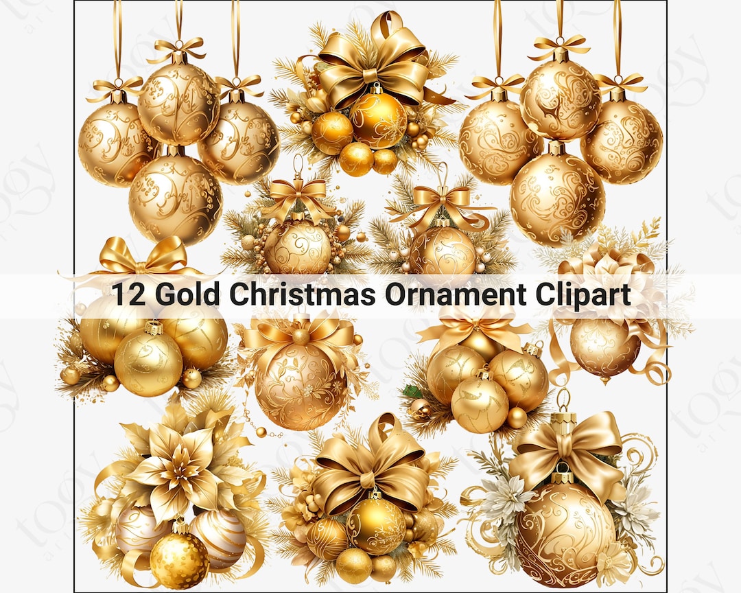 Gold Christmas Ornaments Clipart, Watercolor Christmas Baubles, Gold ...