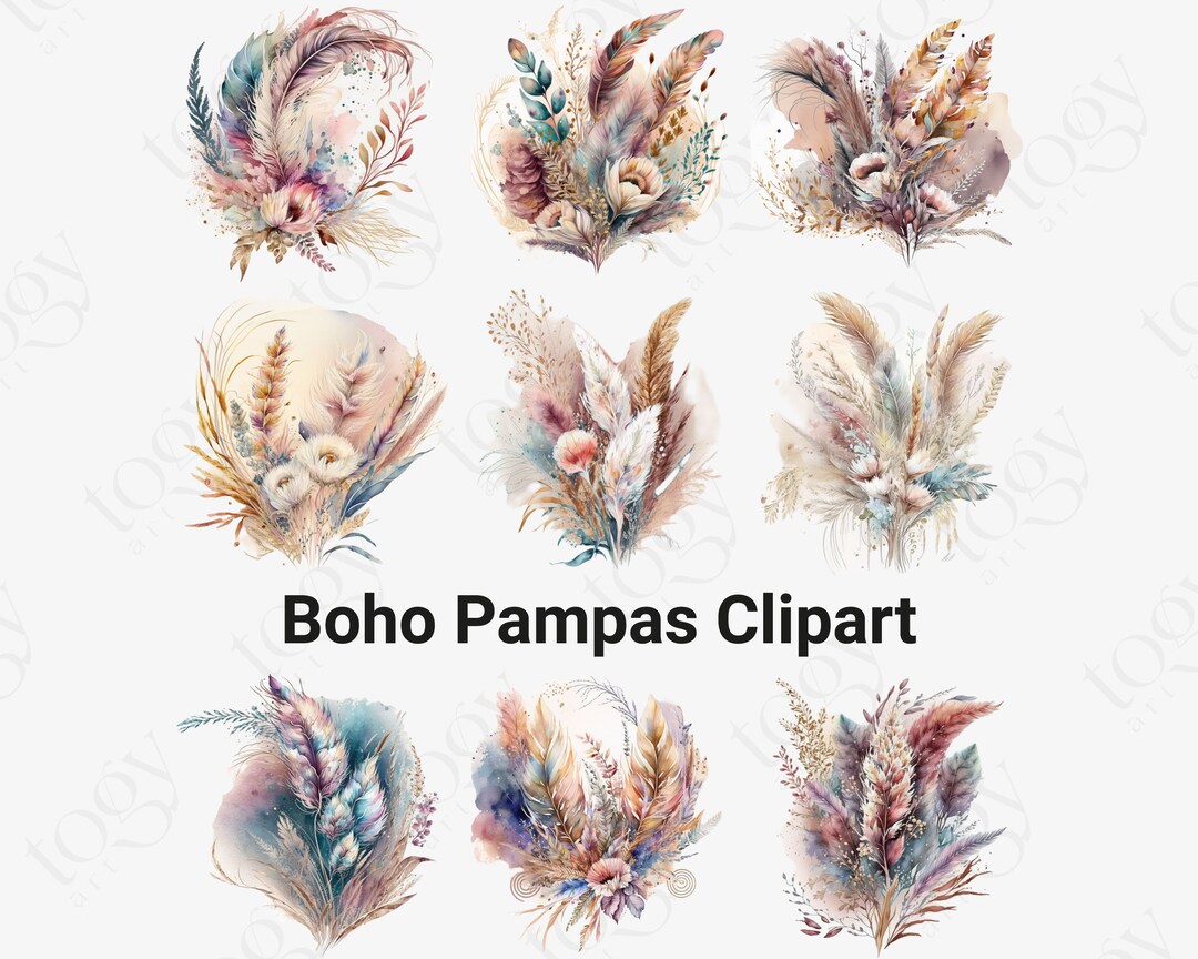 21 PNG Watercolor Boho Pampas Clipart, Watercolor Pampas Grass Bouquet ...