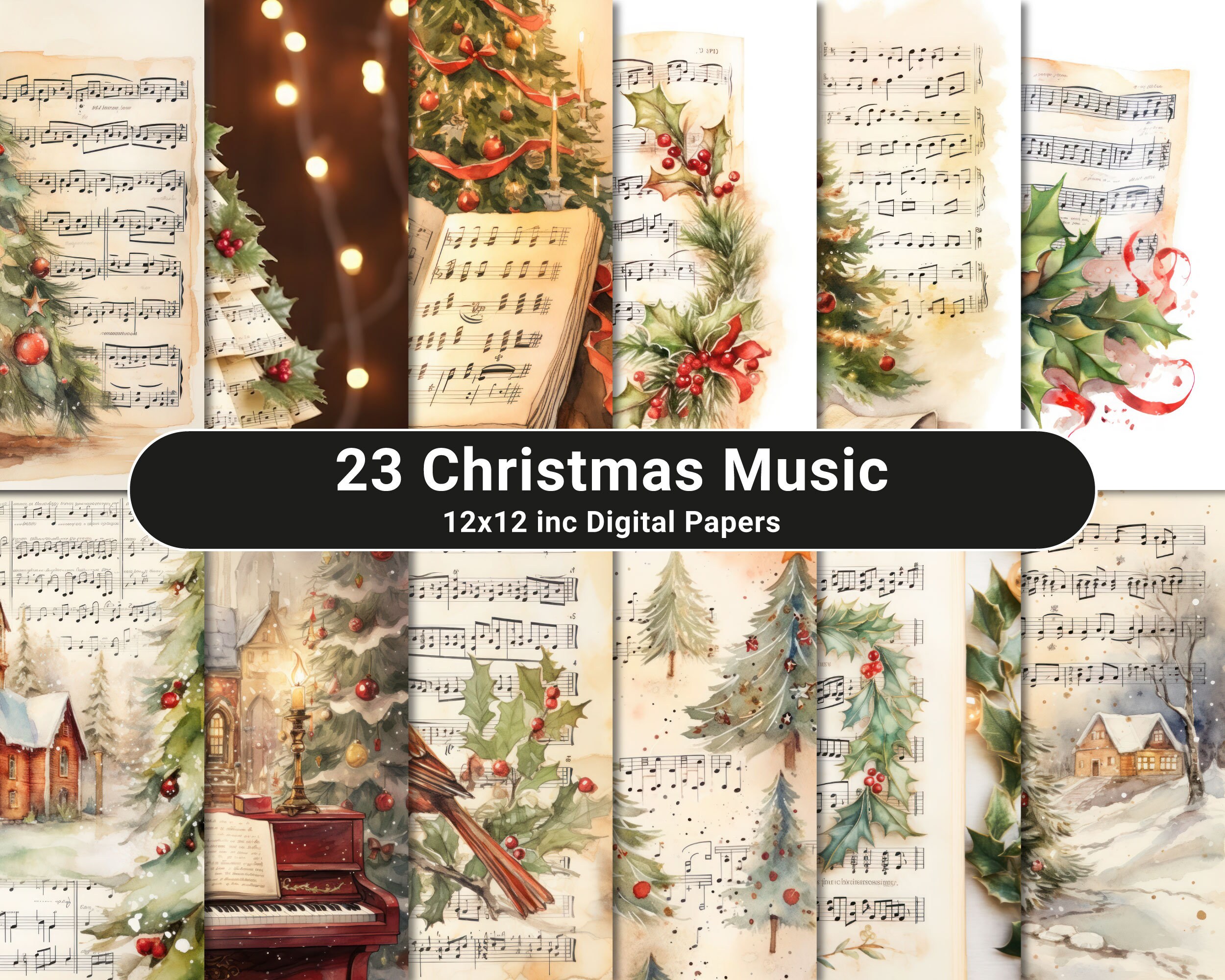 23 Digital Vintage Christmas Sheet Music Digital Paper, Scrapbook Paper ...