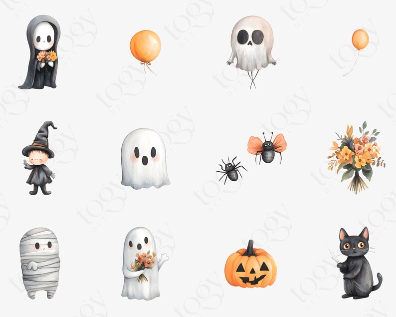 Watercolor Cute Halloween Clipart Bundle, Pastel Spooky Clip Art ...