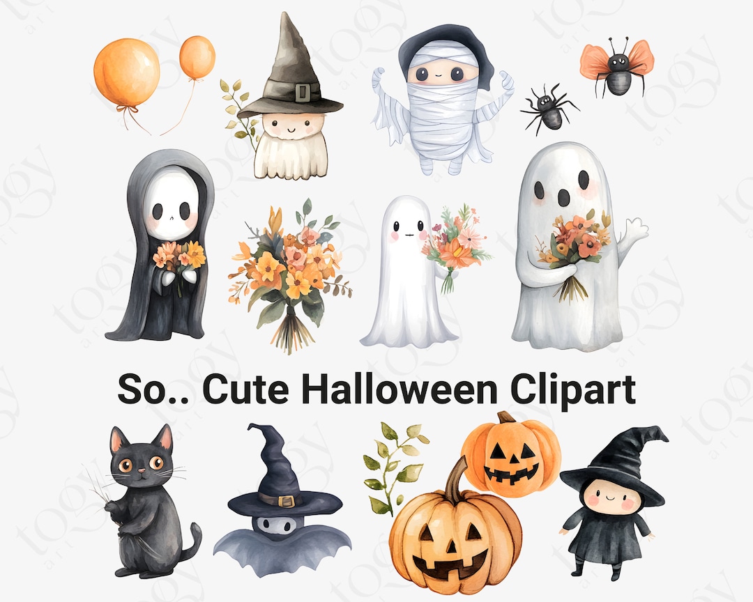 Watercolor Cute Halloween Clipart Bundle, Pastel Spooky Clip Art ...