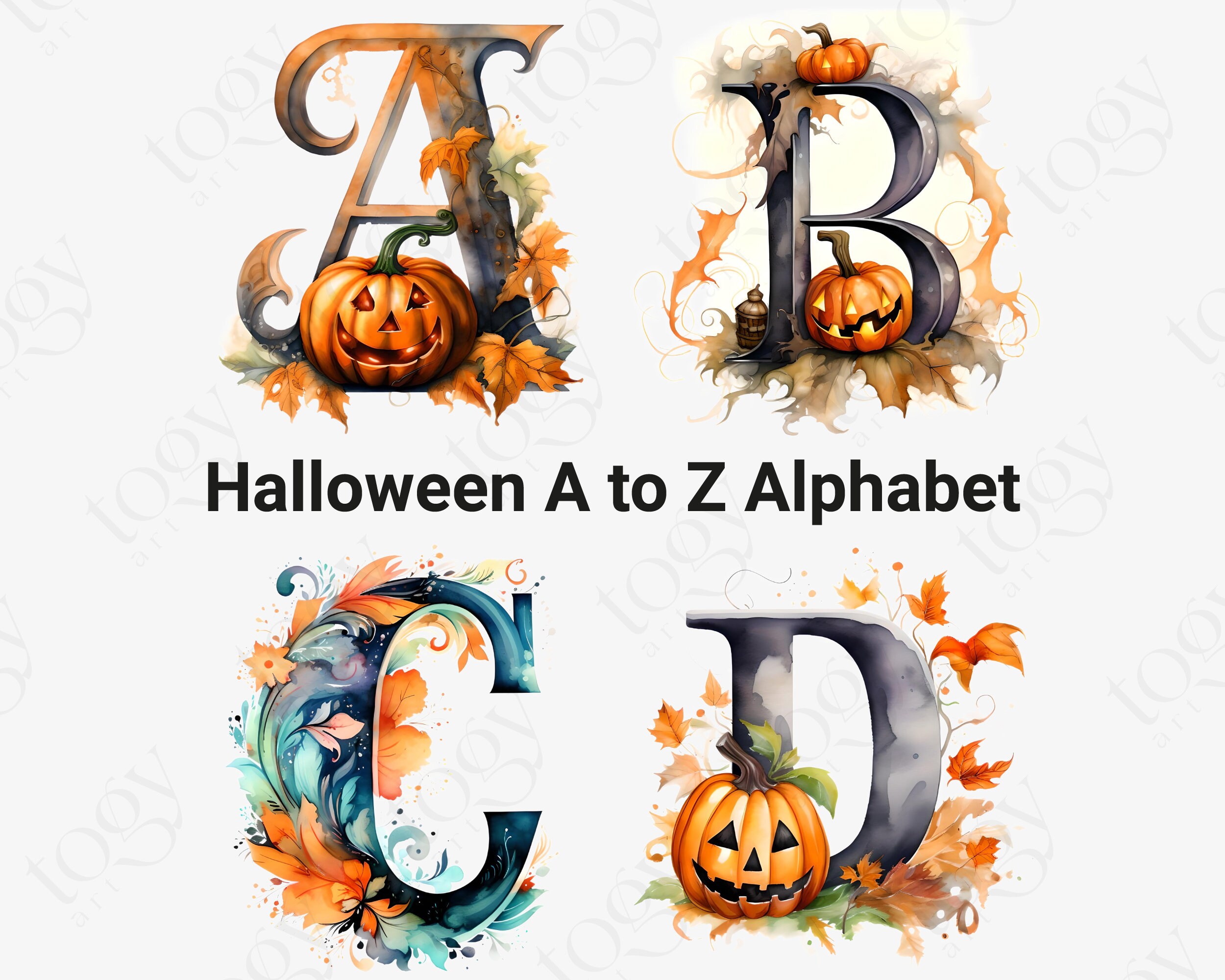 26 PNG Watercolor Halloween Alphabet Clipart, Gothic Letters ...