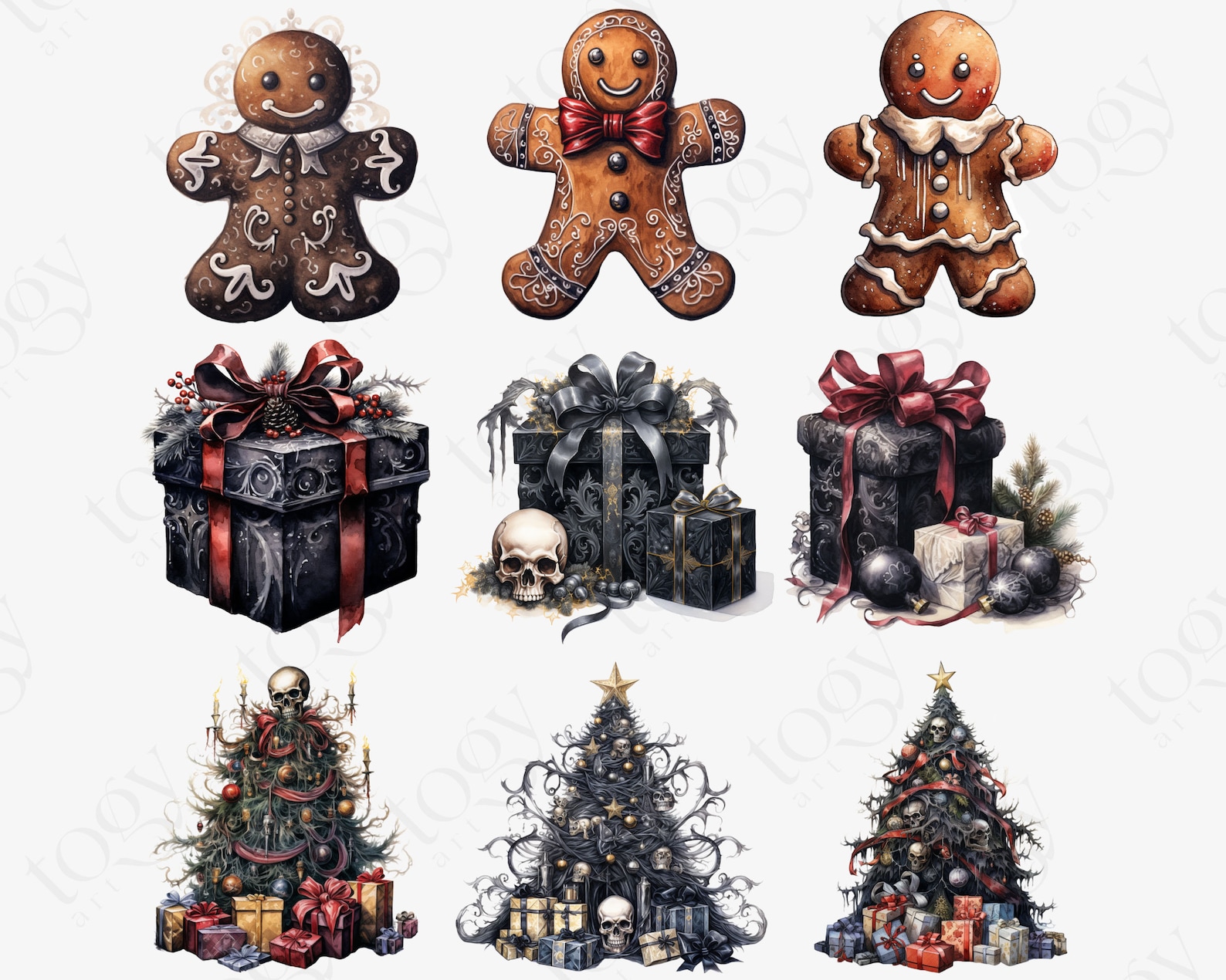 42 PNG Watercolour Gothic Creepy Christmas Clipart Bundle, Spooky Dark ...