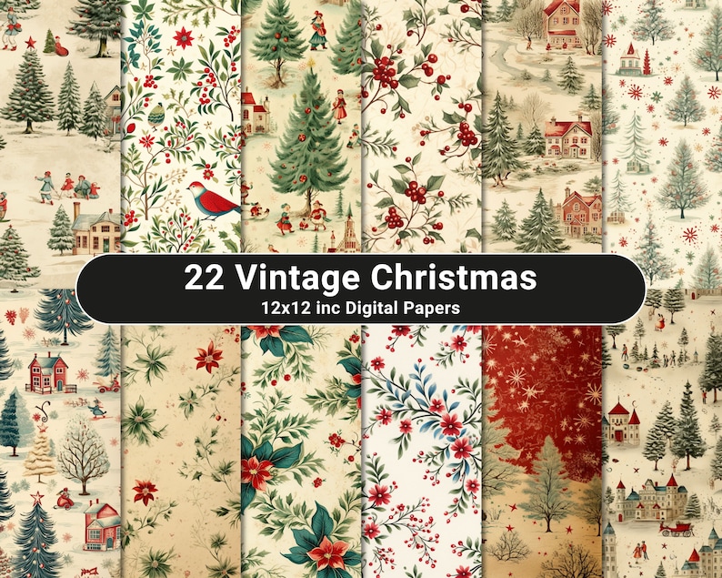 Printable Vintage Christmas Digital Paper, Christmas Ephemera, Fantasy ...