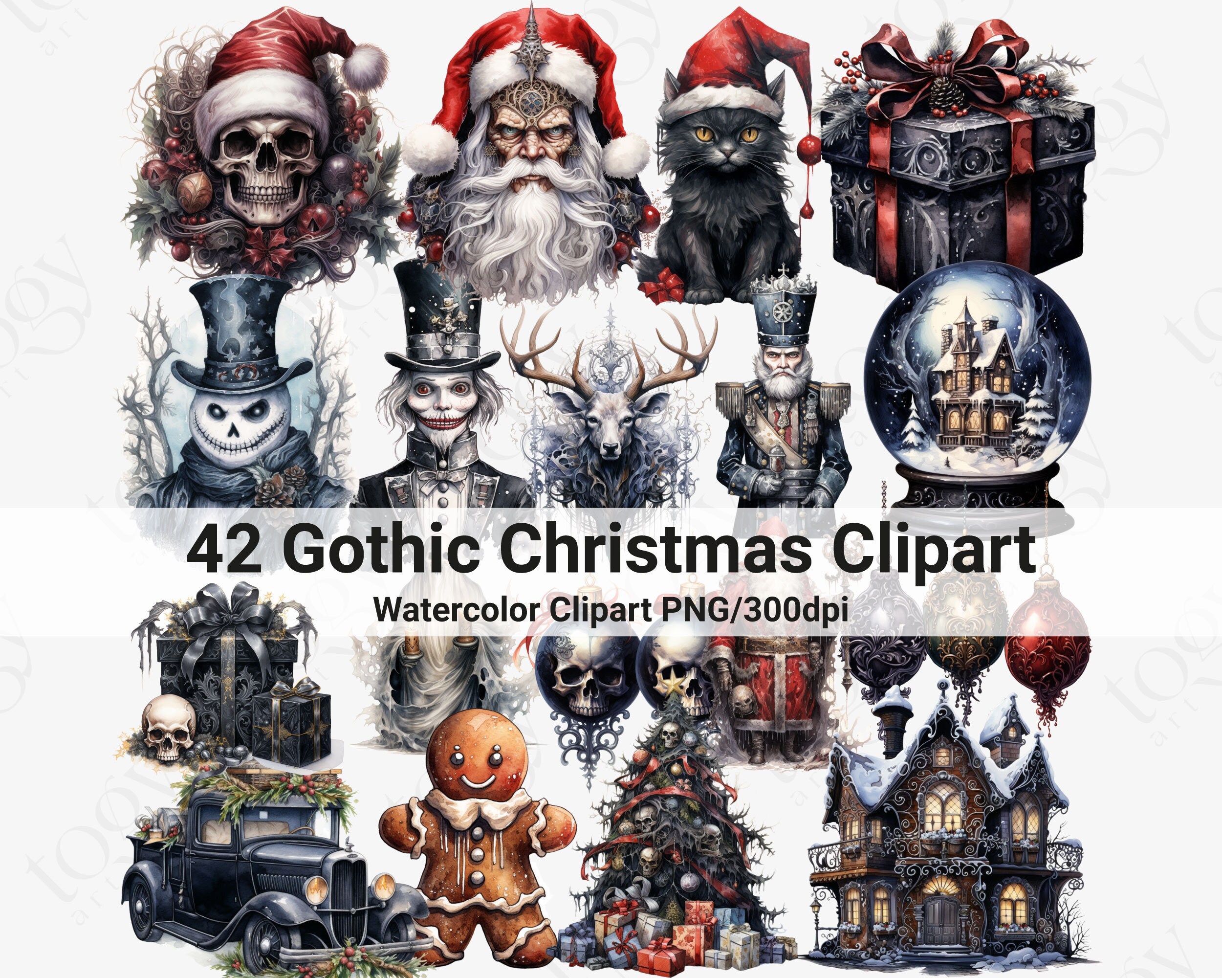 42 PNG Watercolour Gothic Creepy Christmas Bundle Clipart, Spooky Dark ...