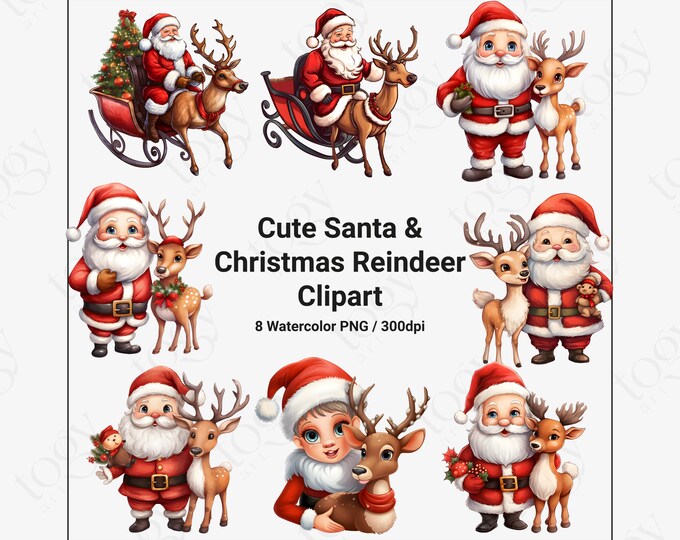Santa and Reindeer Clipart Png, Christmas Graphics, Holiday ...