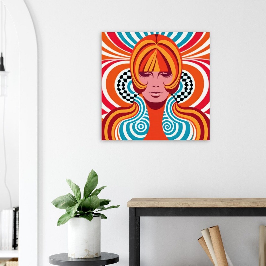 Retro Psychedelic Woman Wall Art, Vibrant Swirls Pop Art, Colorful 60s ...
