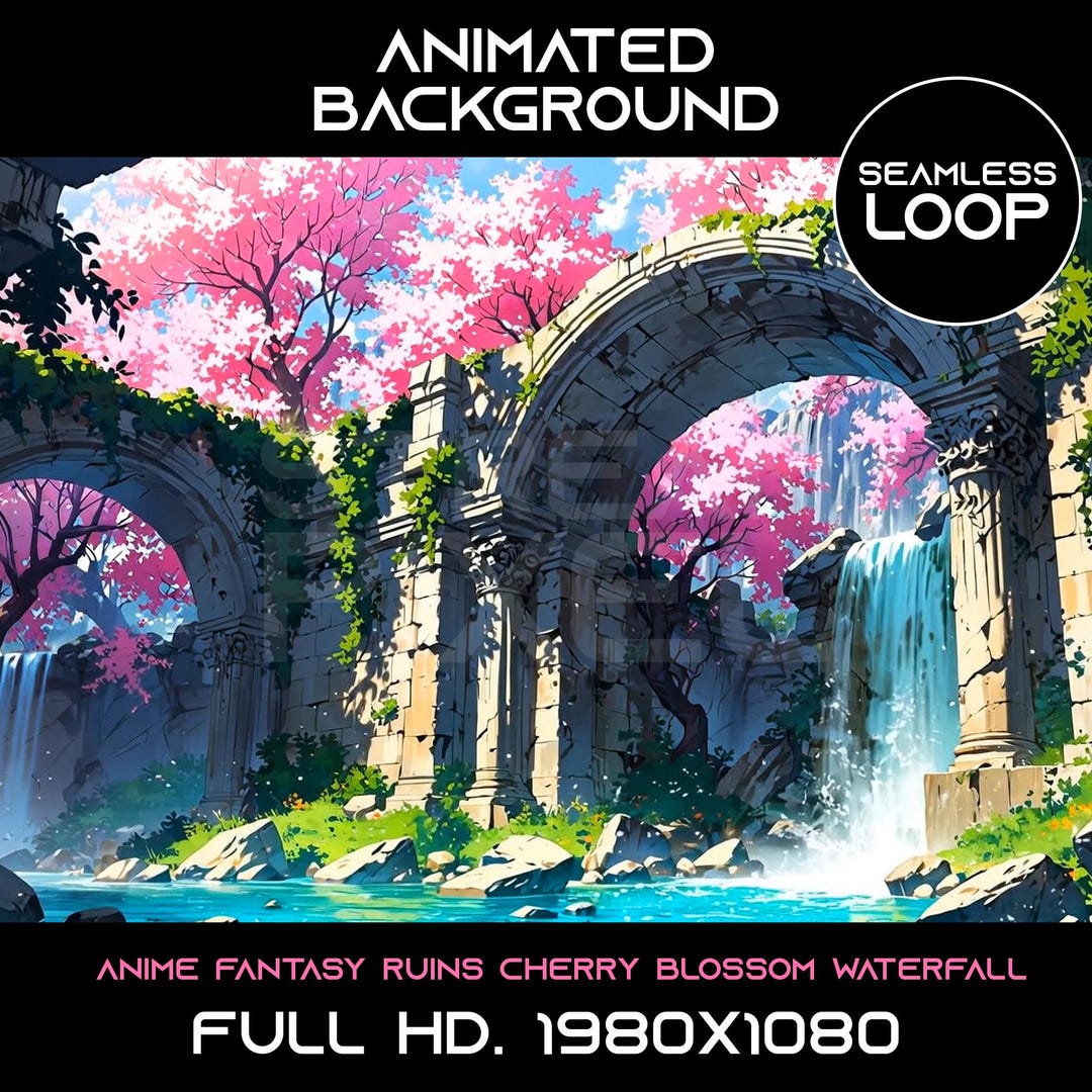 Animated Anime Fantasy Ruins Cherry Blossom Waterfall Stream Background ...