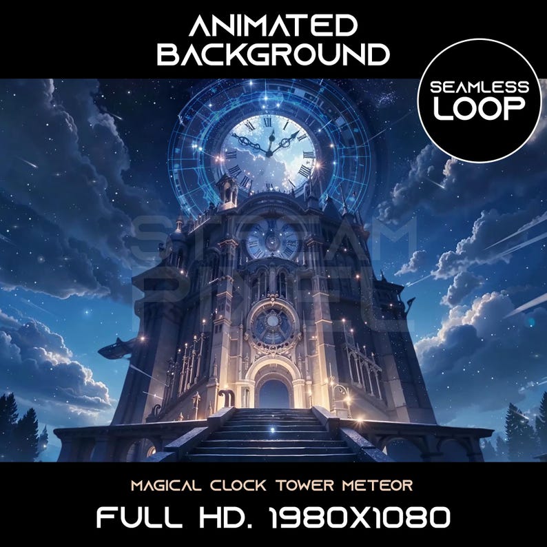 Animated Virtual Background Magical Clock Tower Meteor Lofi Vtuber ...