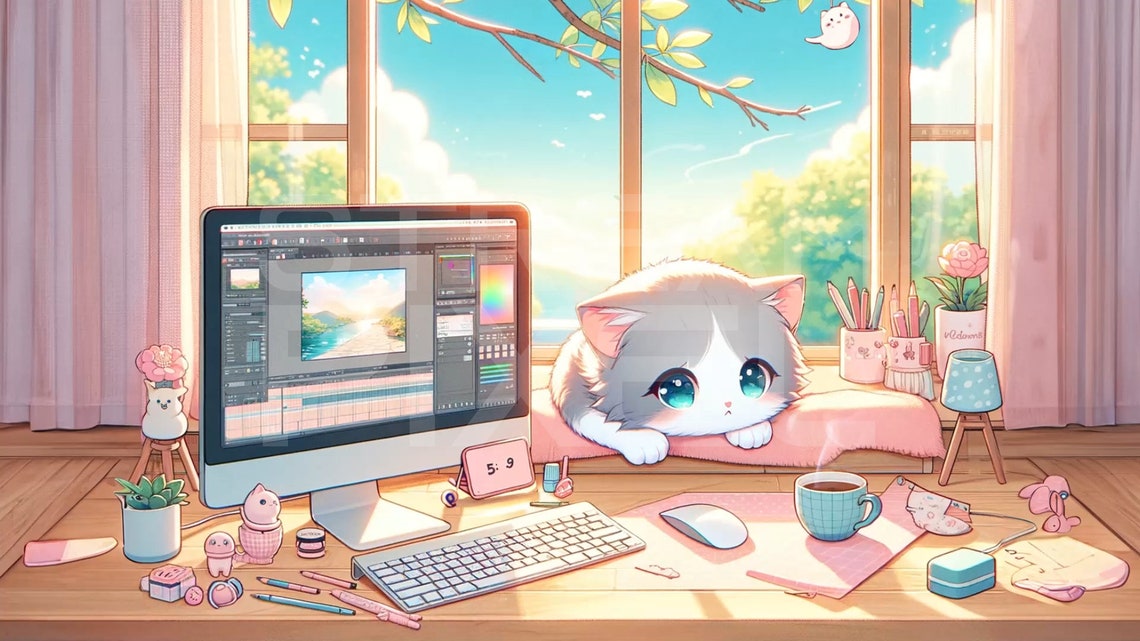 Animated Virtual Background Seamless Cute Cat and My Pink Studio Lofi ...