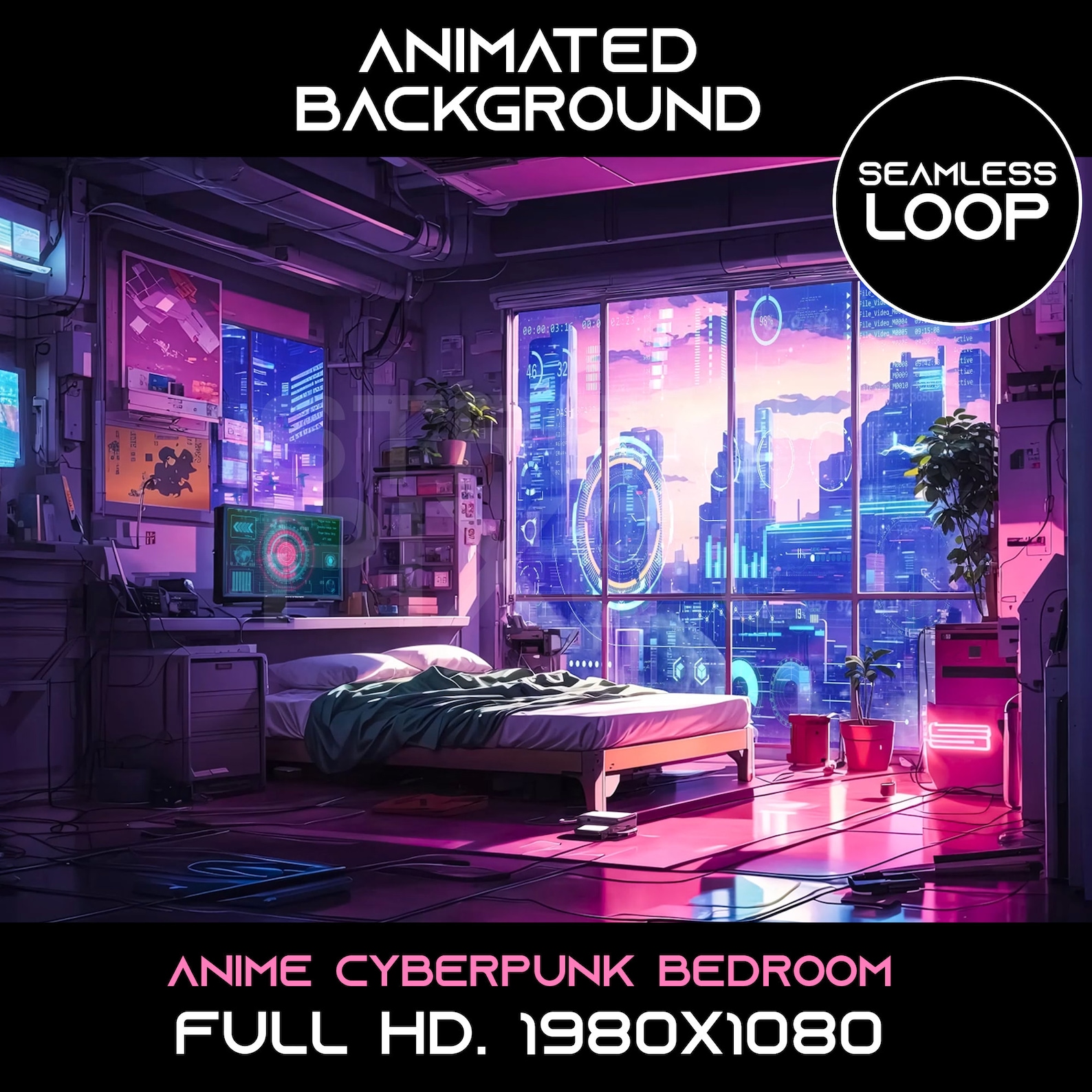 Animated Virtual Background Seamless Loop Anime Cyberpunk Bedroom ...