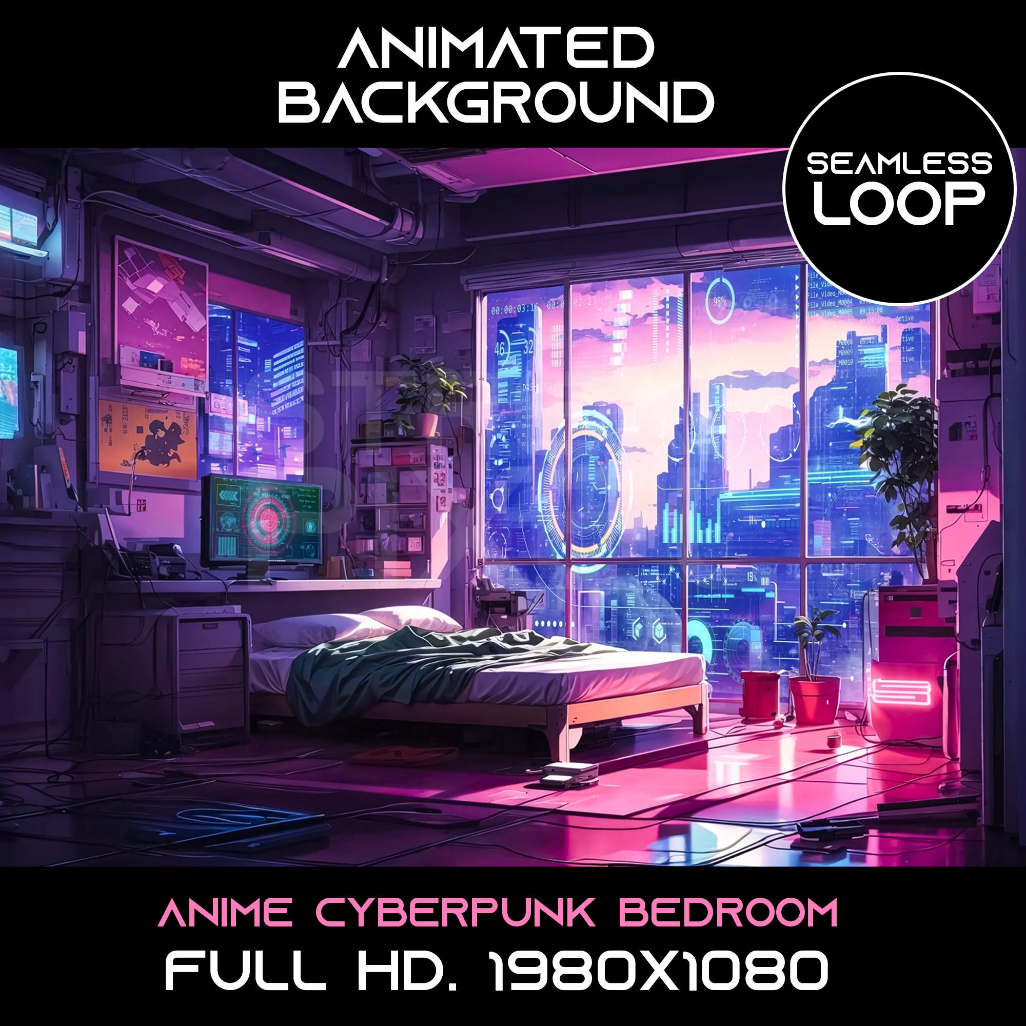 Animated Virtual Background Seamless Loop Anime Cyberpunk Bedroom ...