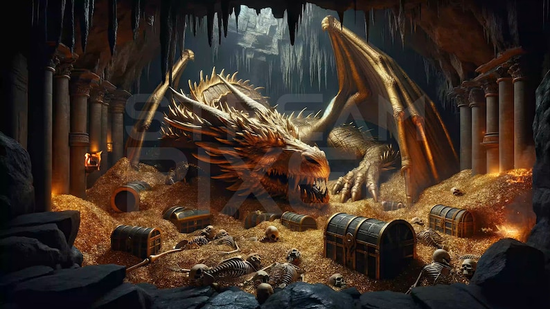 Animated Virtual Background Seamless Sci-fi Golden Dragon Lair Cave ...