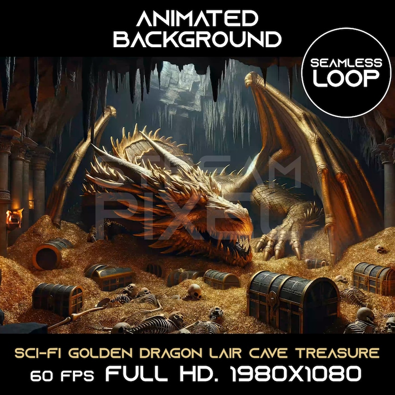 Animated Virtual Background Seamless Sci-fi Golden Dragon Lair Cave ...