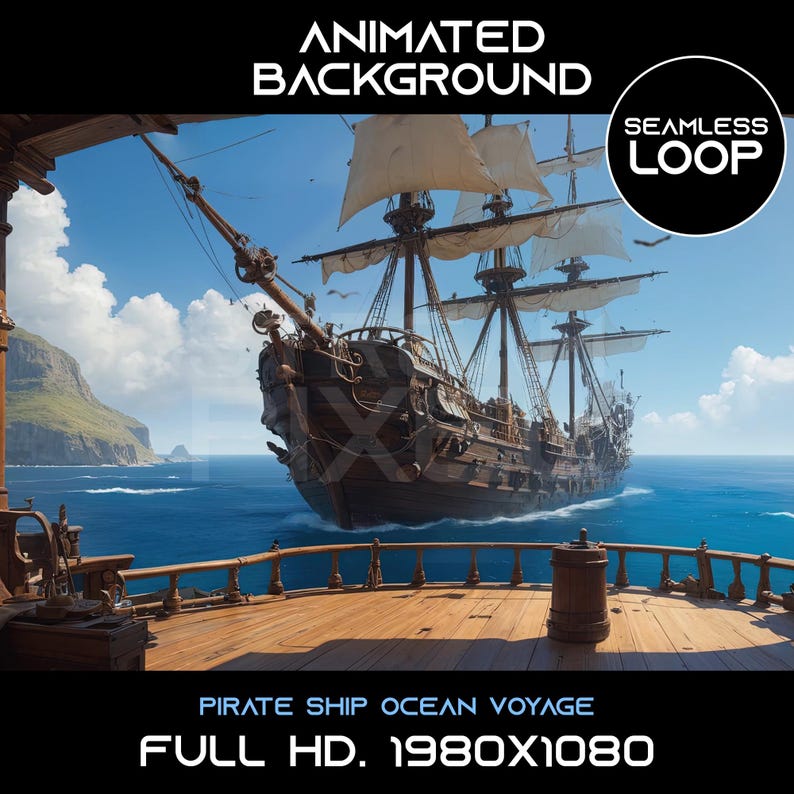 Animated Pirate Ship Ocean Voyage Virtual Background: Seamless (digital ...