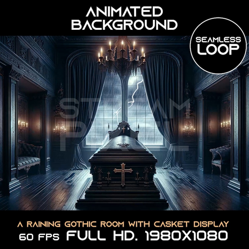 Animated Virtual Background Seamless a Raining Gothic Room With Casket ...