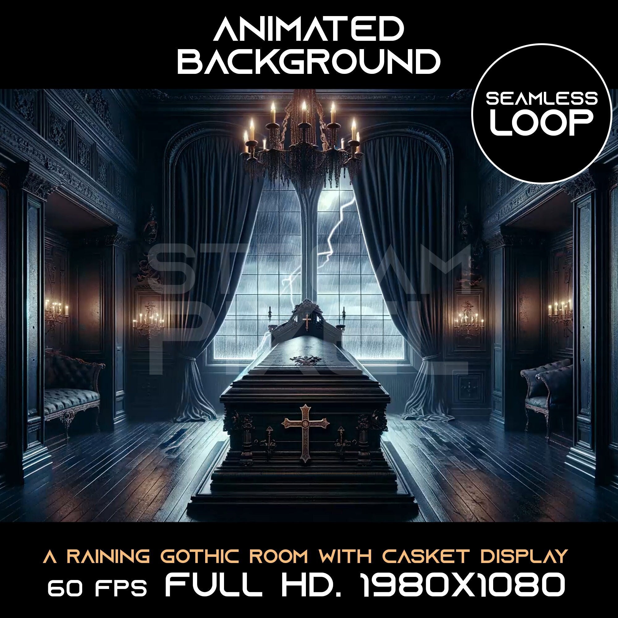 Animated Virtual Background Seamless a Raining Gothic Room With Casket ...