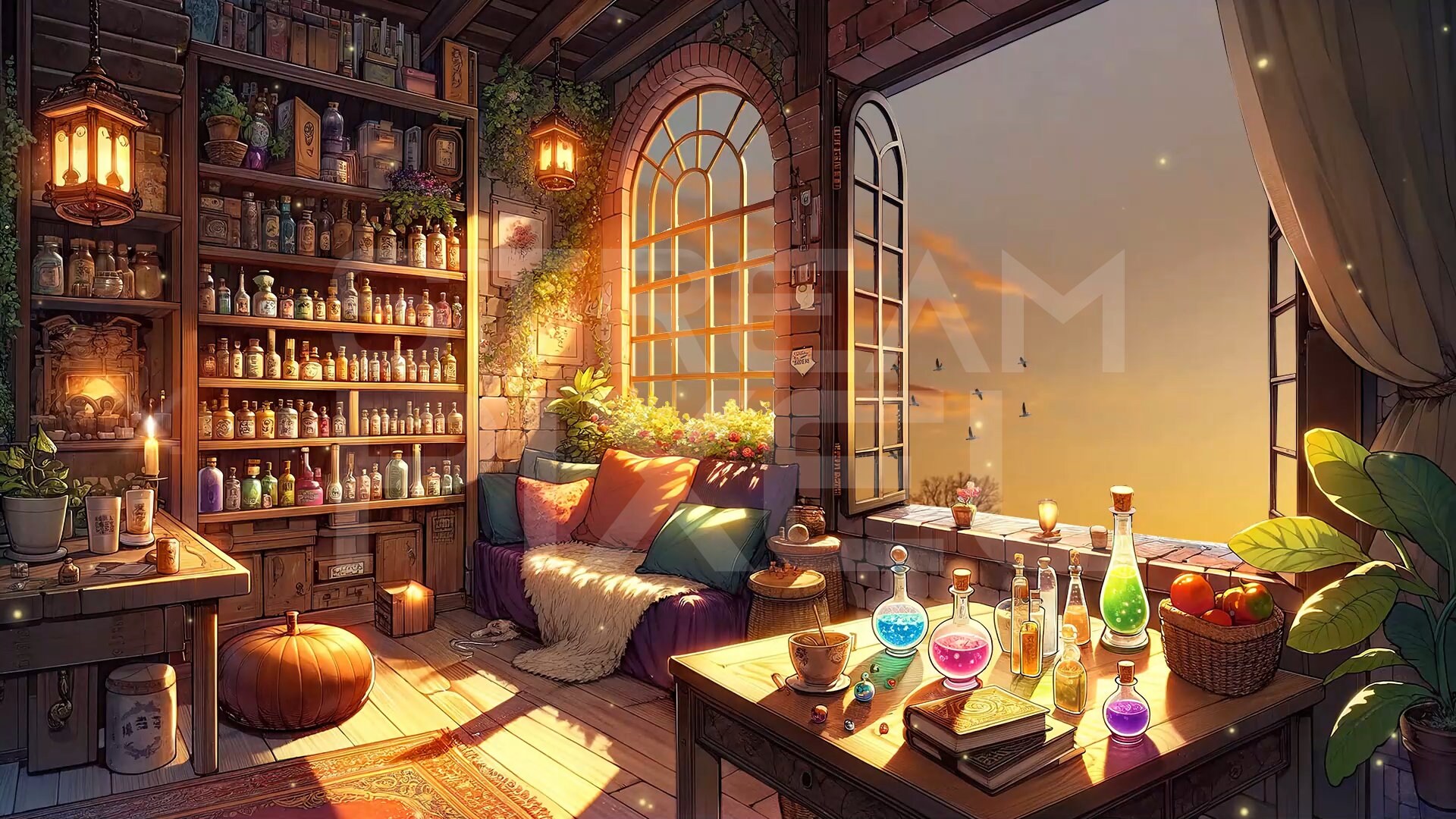 Animated Virtual Background Seamless Cozy Potion Room at Sunset Lofi ...