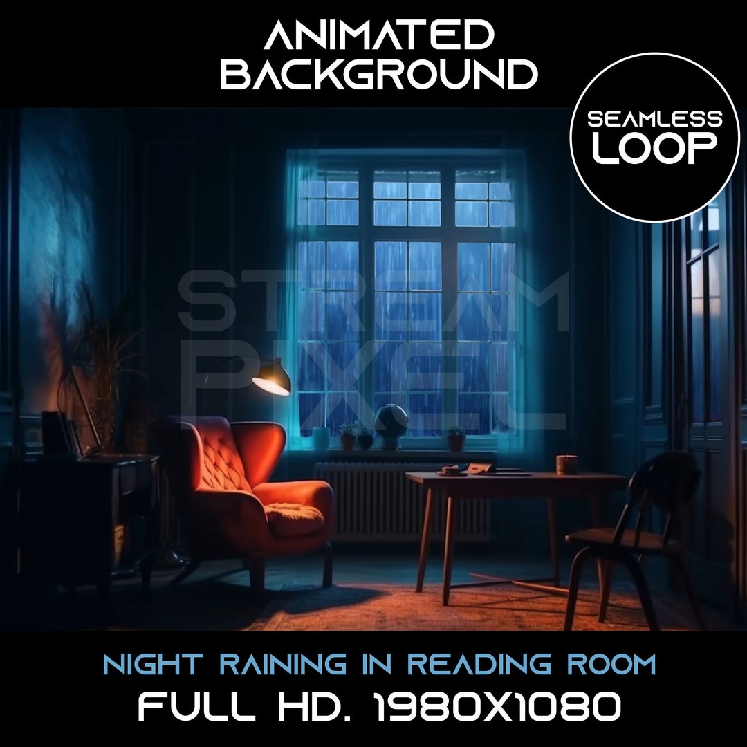 Animated Virtual Background Seamless Loop Night Raining in Reading Room ...