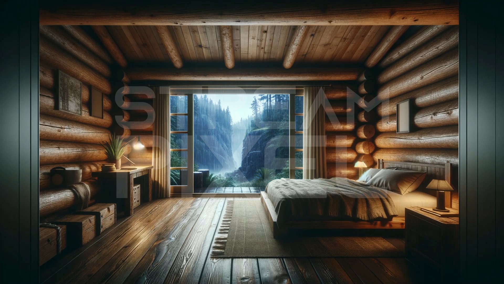 Animated Virtual Background Seamless Cozy Log Cabin Bedroom With Rain ...