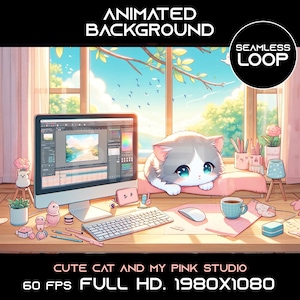 Animated Virtual Background Seamless Cute Cat and My Pink Studio Lofi ...