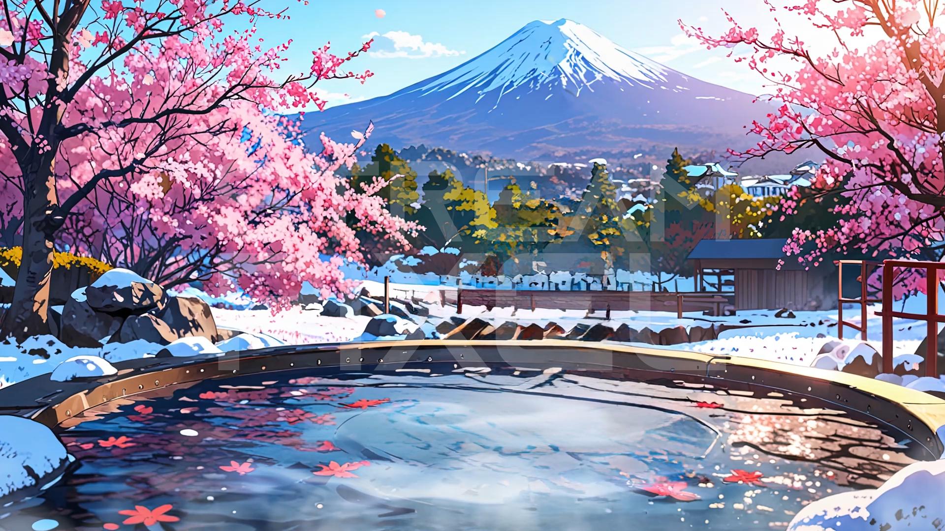 Animated Virtual Background Japanese Onsen Hot Spring Sakura and Fujiyama Lofi Vtuber Twitch ...
