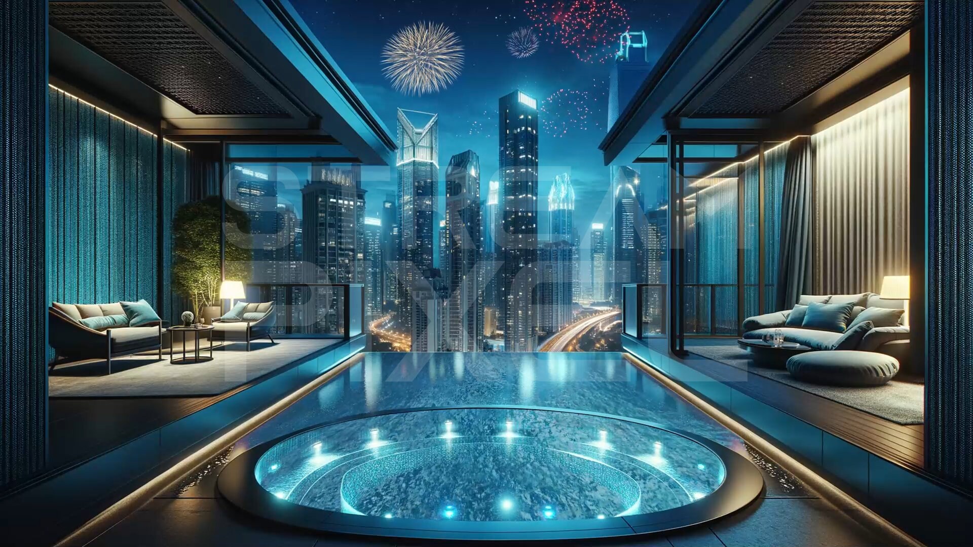 Animated Virtual Background Seamless Luxury Penthouse Pool City Skyline ...