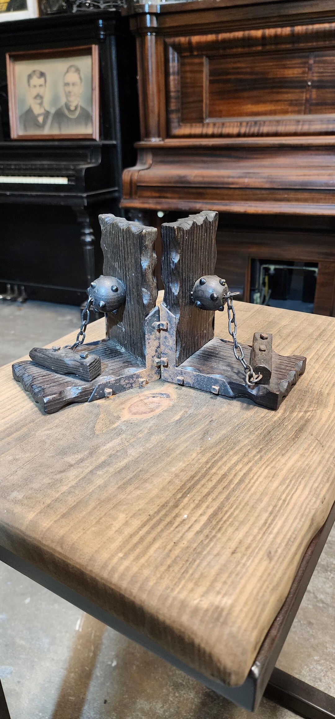 Wooden Medieval Bookends, Gothic Spiked Ball and Chain Flail Spain Rare ...