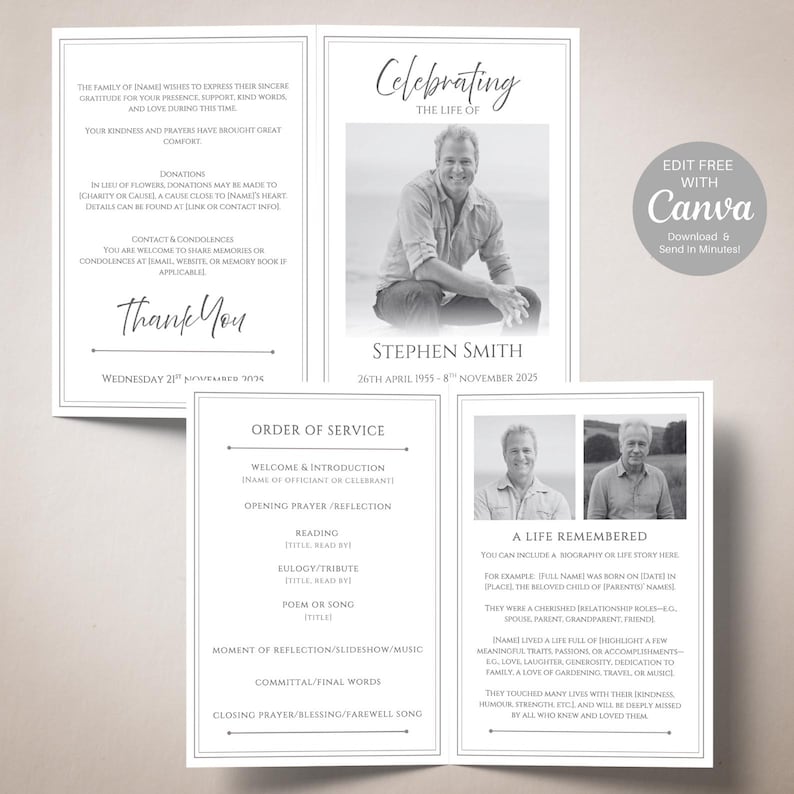 Printable Funeral Program With Photo, Foldable Celebration of Life ...
