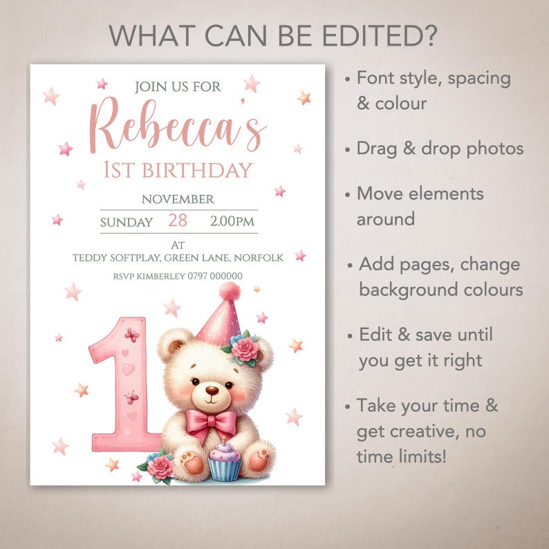 Printable Teddy Bear 1st Birthday Invitation, 5x7” Editable Canva ...