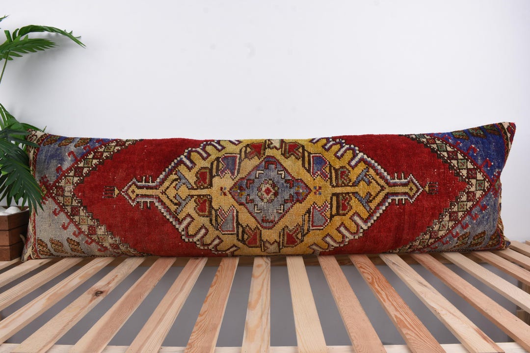 Yellow Lumbar Cover - Vintage Handmade Long Lumbar Cushion Cover 16x55 ...