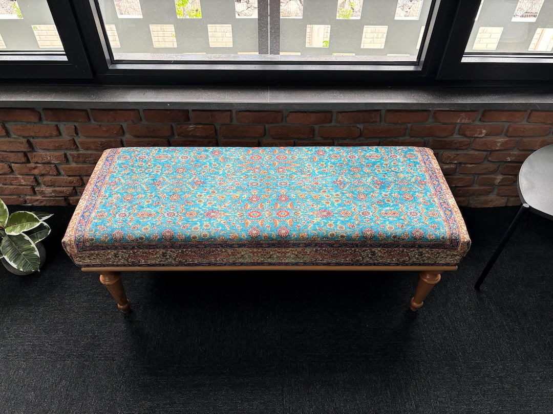 Turkish Rug Bench, Upholstered Wood Ottoman Bench, Handmade Ottoman ...