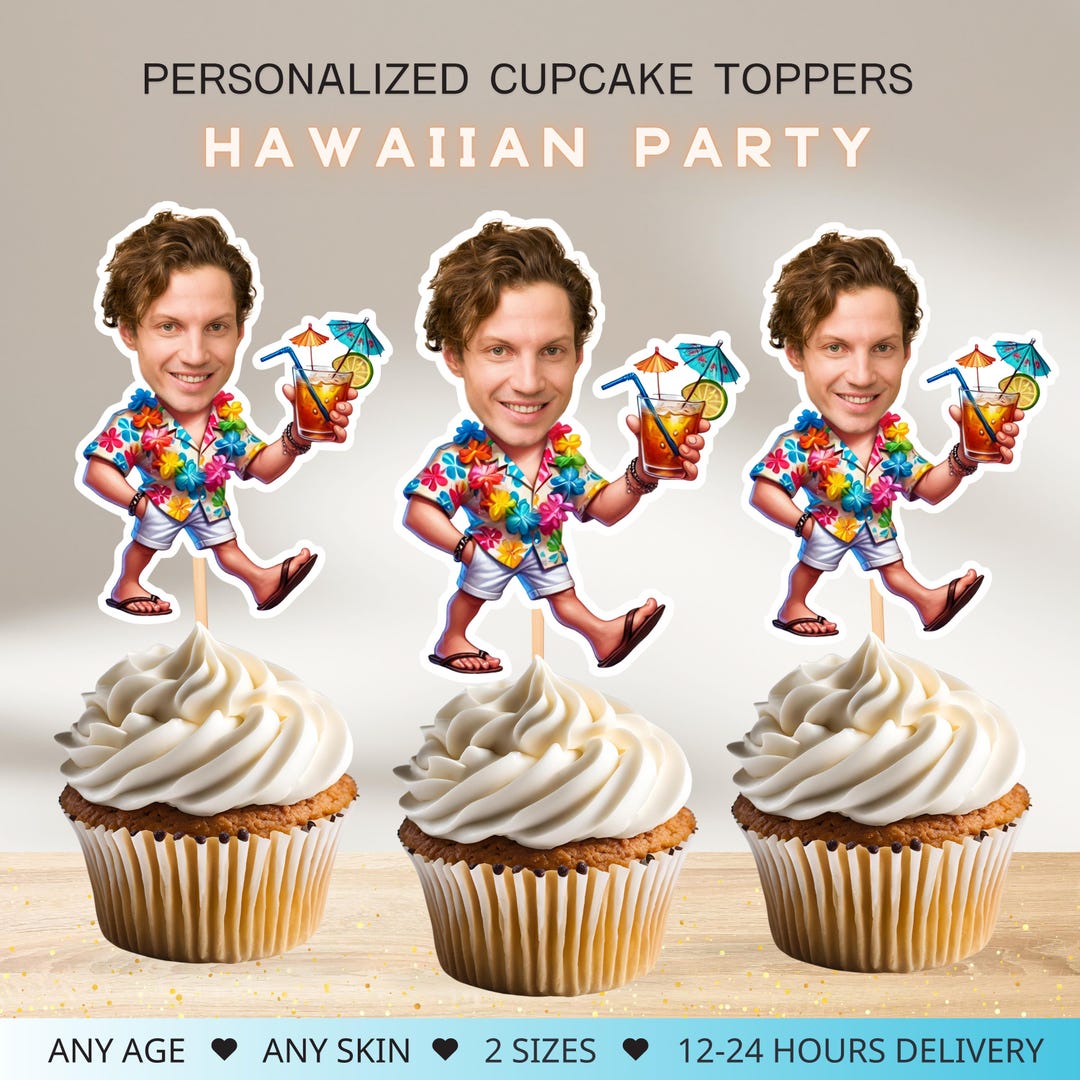 Hawaiian Personalized Face Cupcake Toppers, Tropical Photo Toppers ...