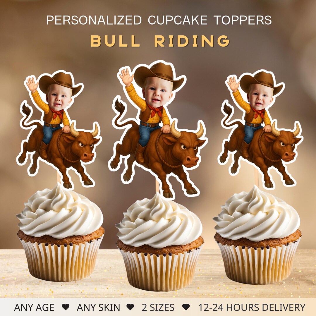 Bull Riding Personalized Face Cupcake Toppers, Rodeo Cowboy Birthday ...