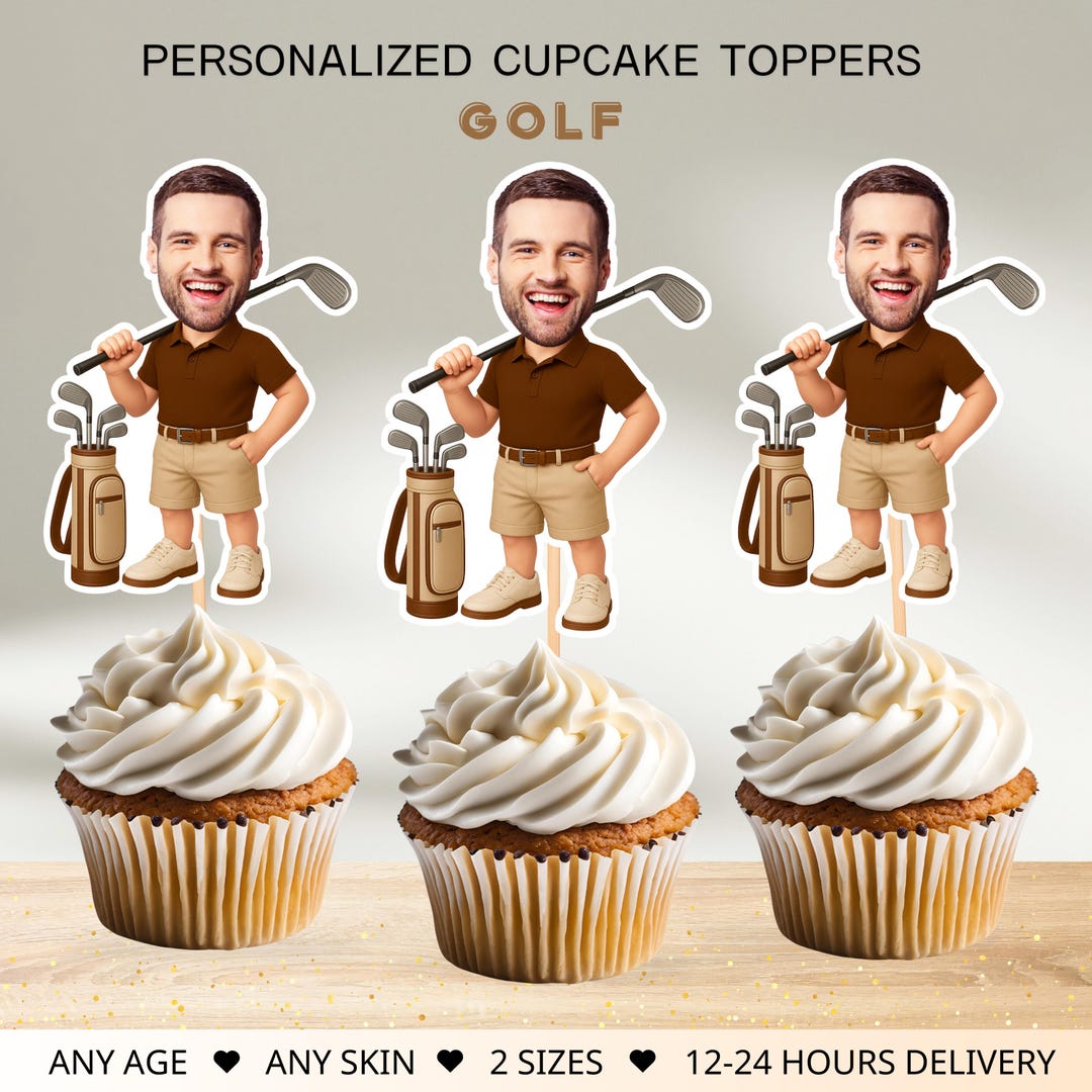 Golf Personalized Face Cupcake Toppers, Golf Birthday Party, Digital ...