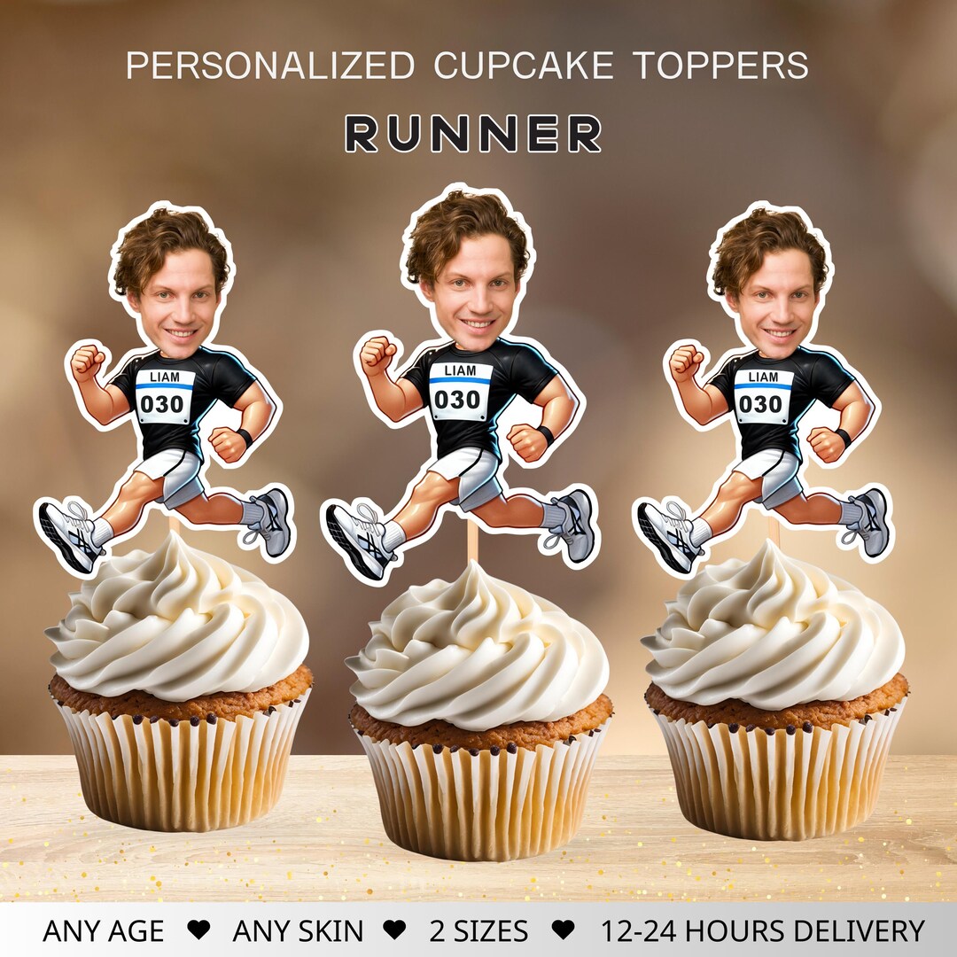 Runner Man Personalized Face Cupcake Toppers, Marathon Gift, Runner Boy ...