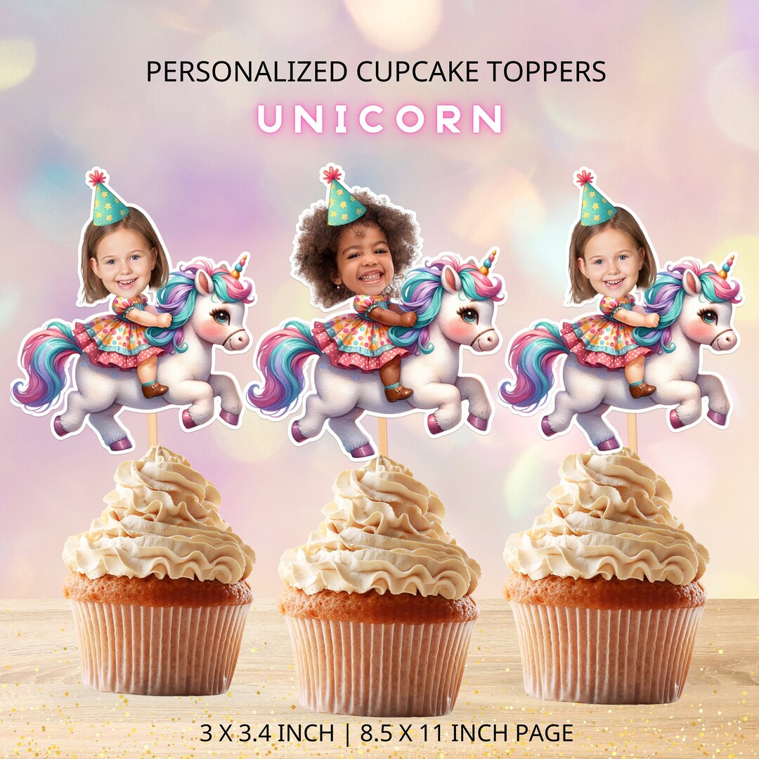 Unicorn Personalized Face Cupcake Toppers, Unicorn Birthday Decor ...