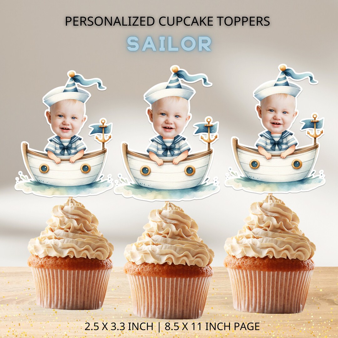 Sailor Face Cupcake Toppers, Personalized Photo Toppers, Sea Birthday ...