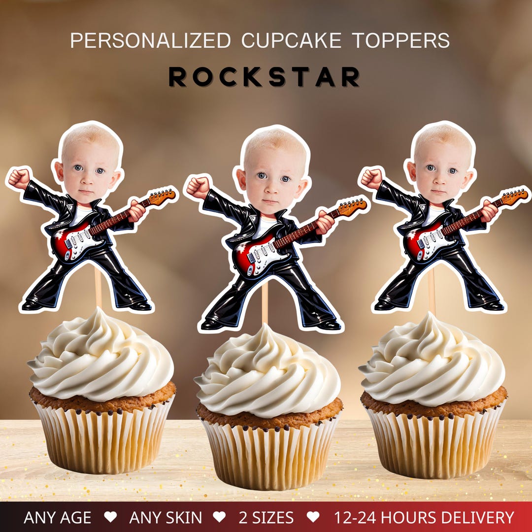 Rockstar Personalized Face Cupcake Toppers, Rock and Roll Birthday ...