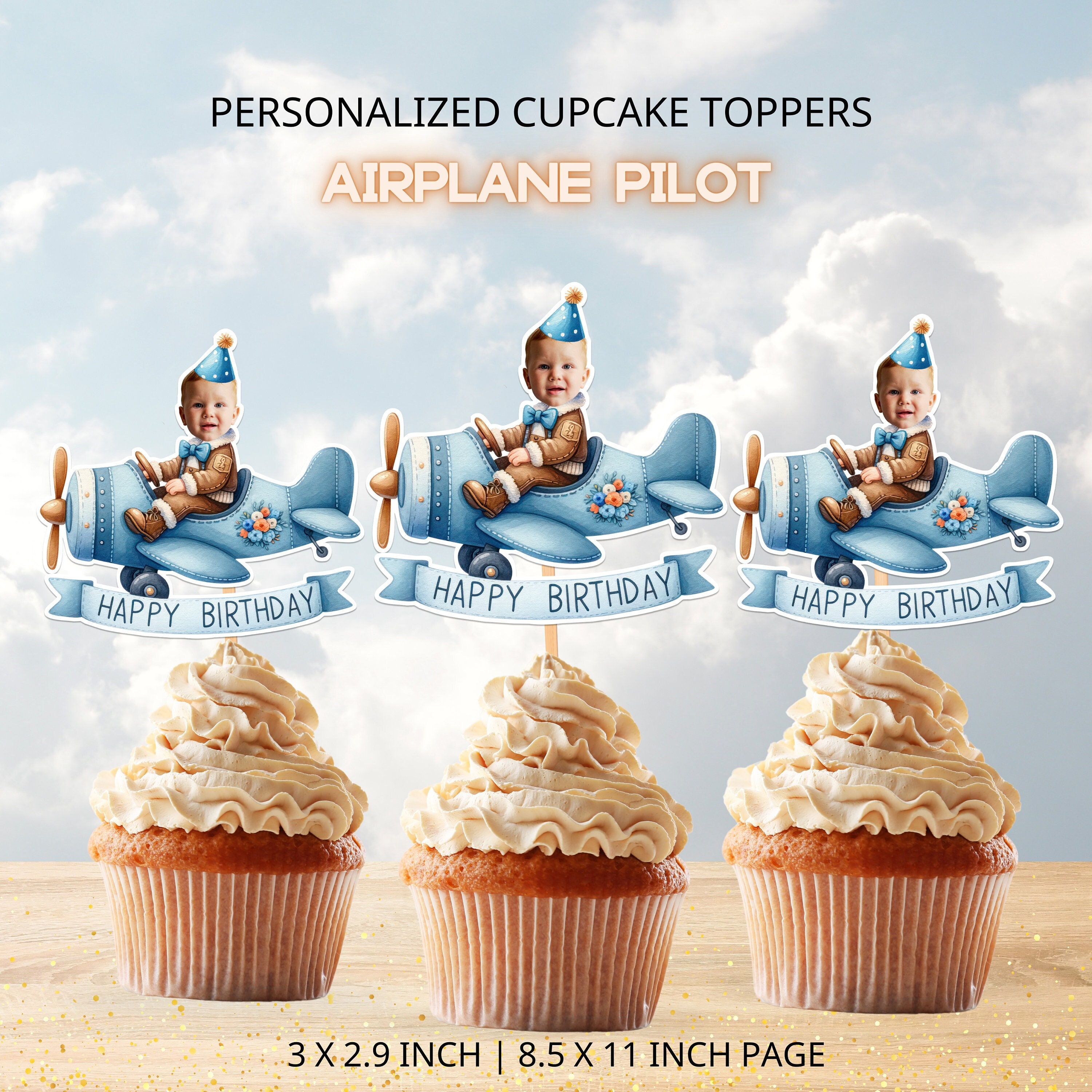Airplane Pilot Face Cupcake Toppers Personalized, Photo Cupcake Toppers ...