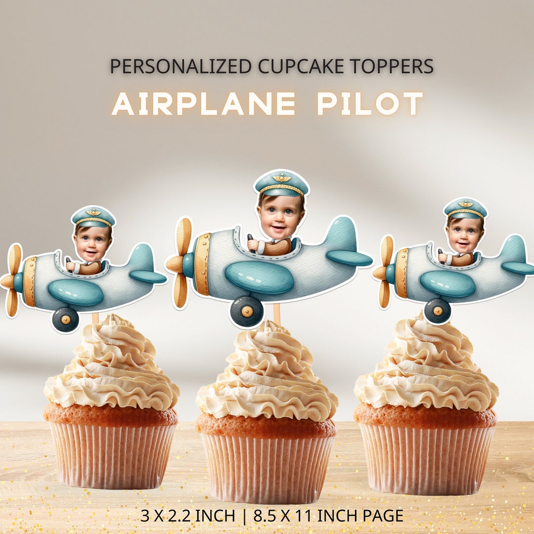 Baby Airplane Pilot Face Cupcake Toppers , Baby Photo Personalized ...