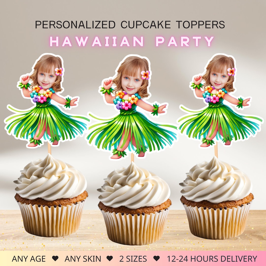 Hawaiian Personalized Face Cupcake Toppers, Hula Girl Photo Toppers ...