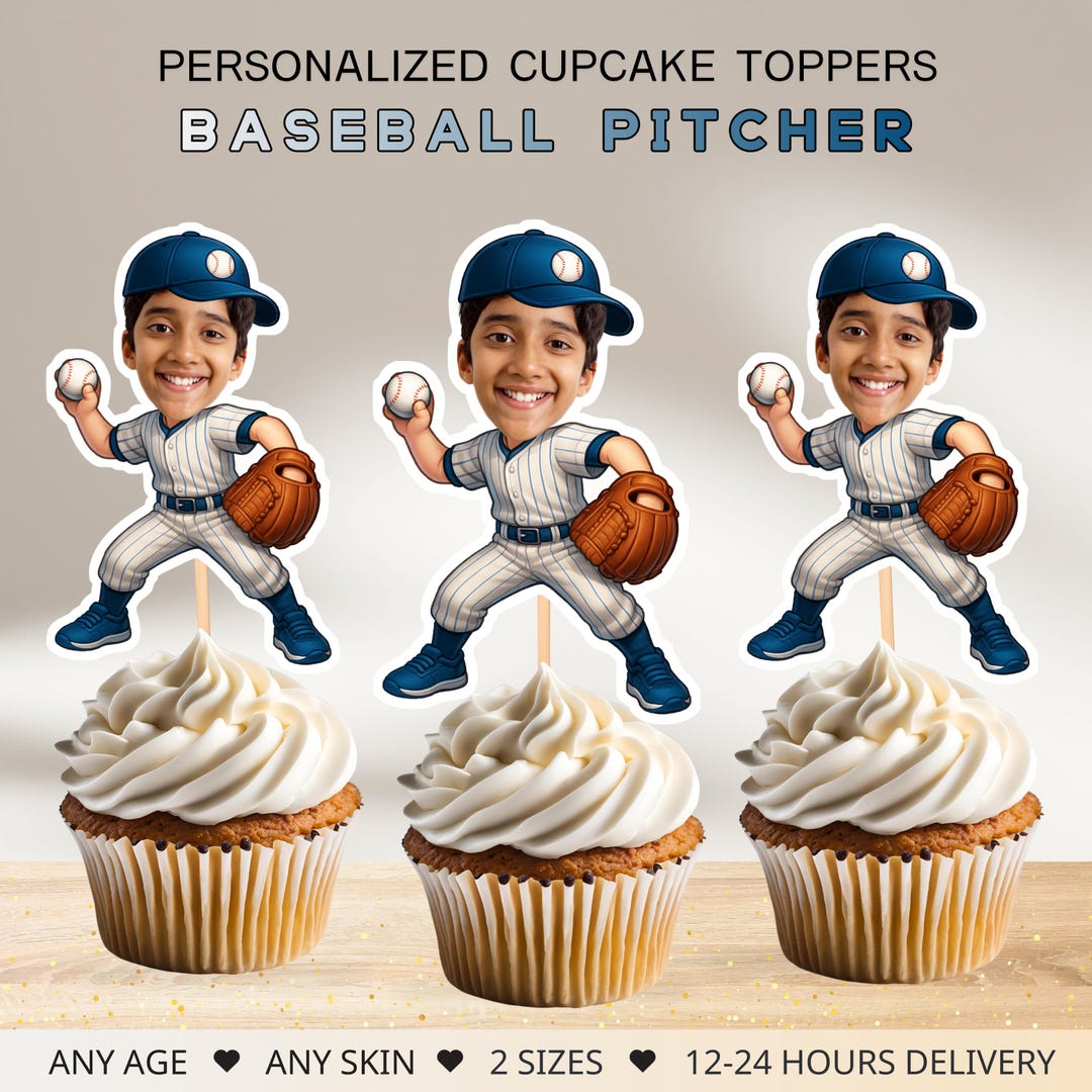 Baseball Pitcher Personalized Face Cupcake Toppers, Baseball Birthday ...
