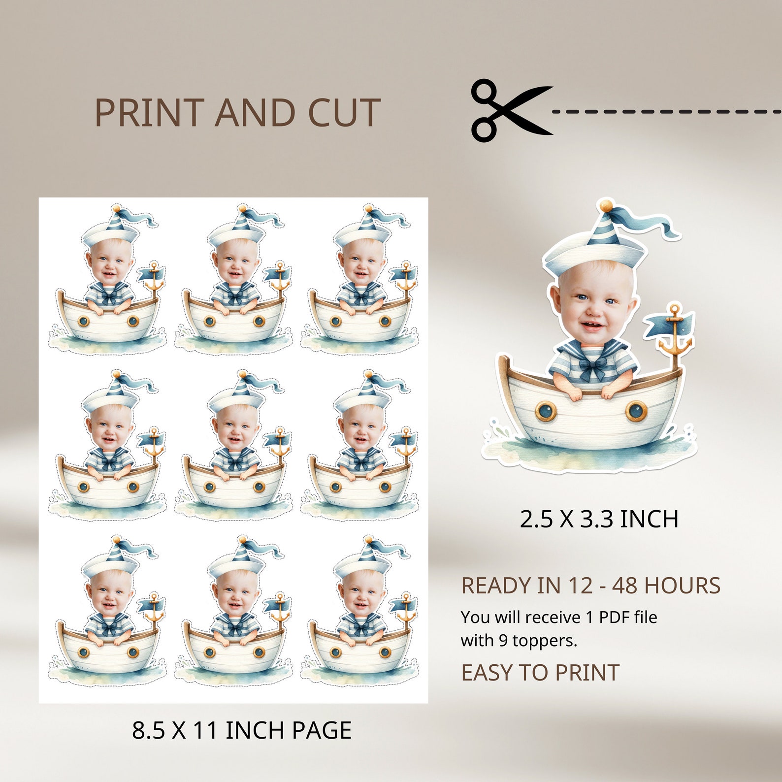 Sailor Face Cupcake Toppers, Personalized Photo Toppers, Sea Birthday ...